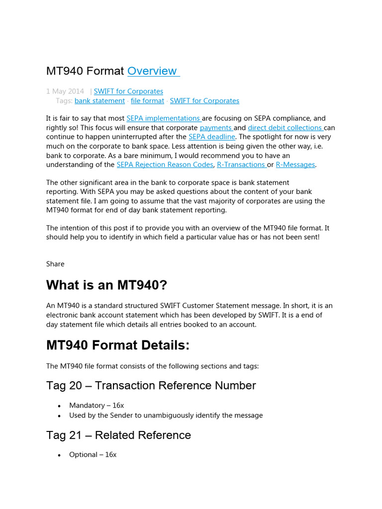 MT940 Format | PDF | Debits And Credits | Credit Card