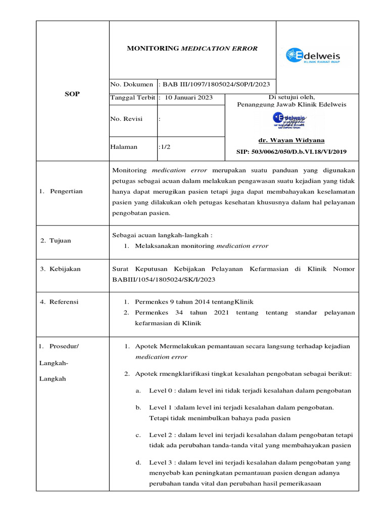 Sop Monitoring Medication Error | PDF