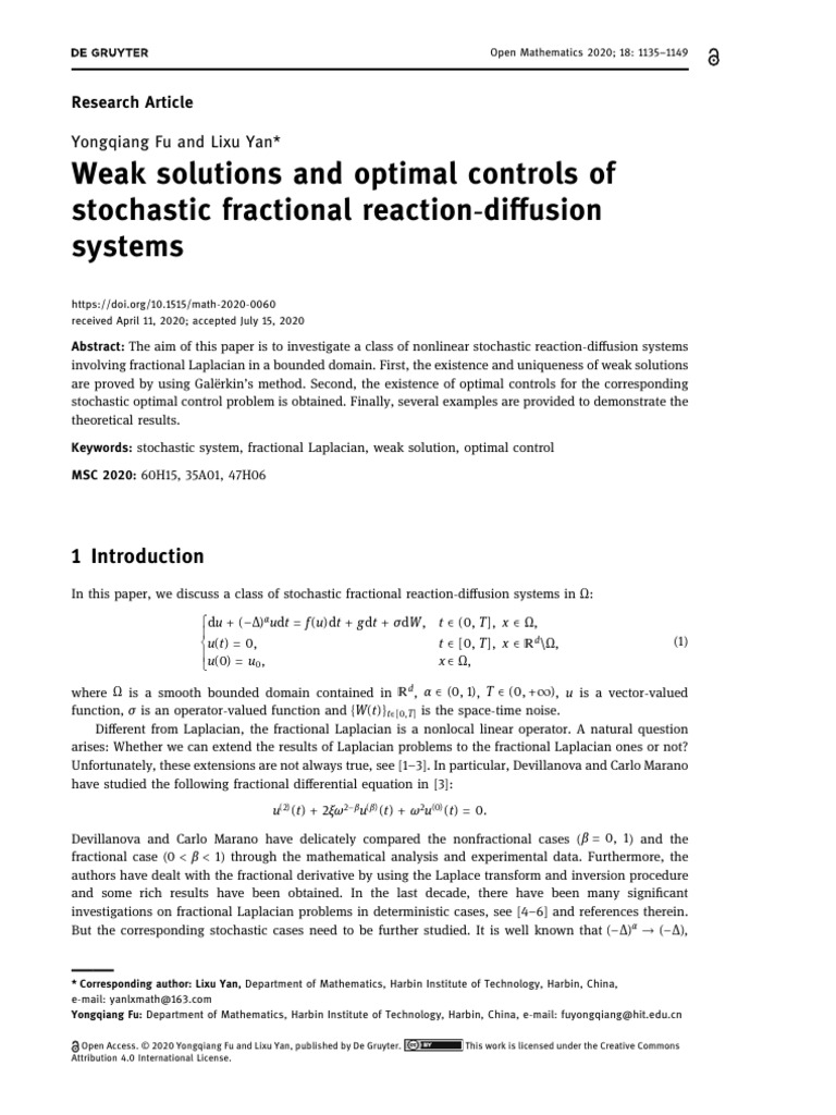 Open Mathematics) Weak Solutions and Optimal Controls of Stochastic Fractional Reaction ...