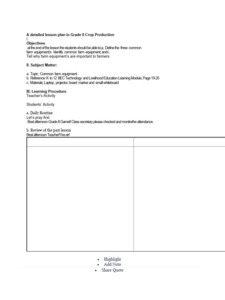 Grade 8 Lesson Plan: Farm Equipment | PDF | Agriculture | Agricultural ...