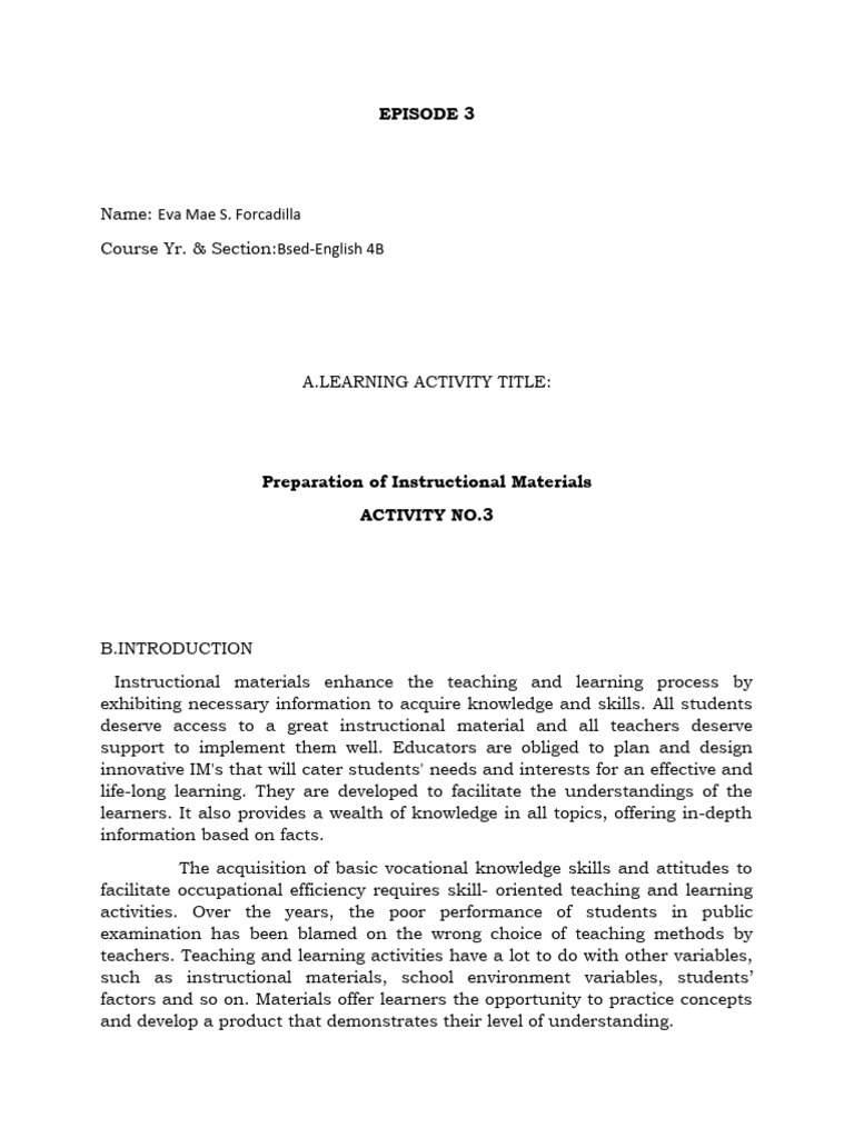 Teaching Internship Activity Episode 3 | PDF | Learning | Teachers