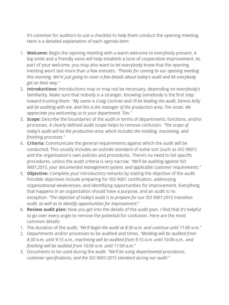 Audit Opening Meeting Guide | PDF | Audit | Iso 9000