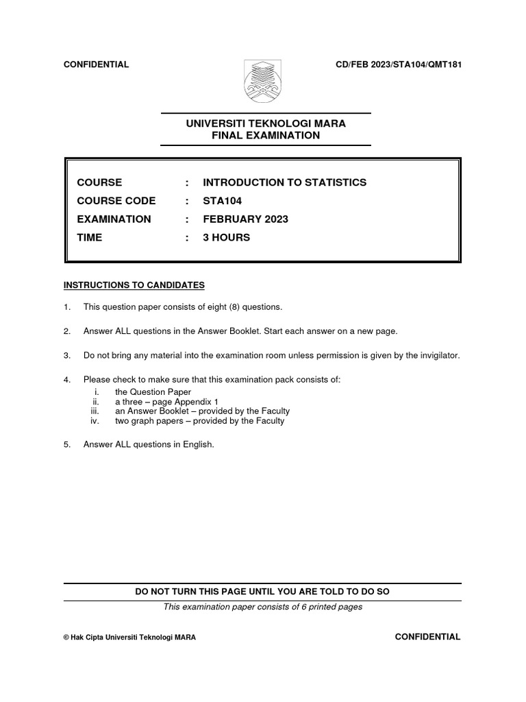Final Exam Sta104 Feb 2023 | PDF | Statistical Theory | Statistical Inference