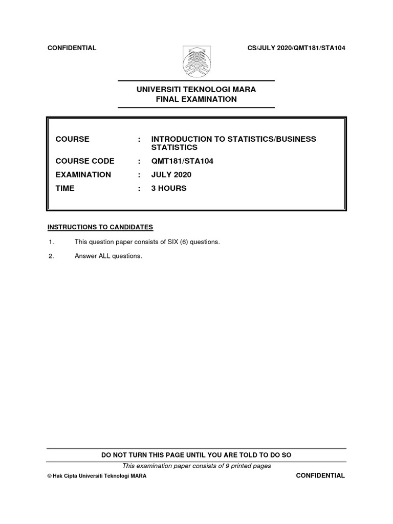 Final Exam Sta104 July 2020 | PDF | Survey Methodology | Statistics