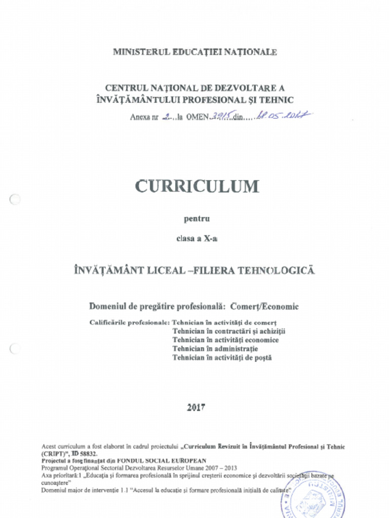 Curriculum Tehnic Clasa A X A Tehnician in Activitati Economice Min | PDF