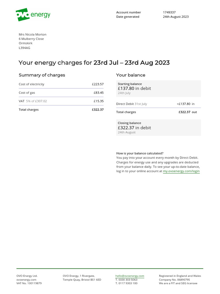 OVO Energy Bill Summary: Aug 2023 | PDF | Nature | Physical Quantities