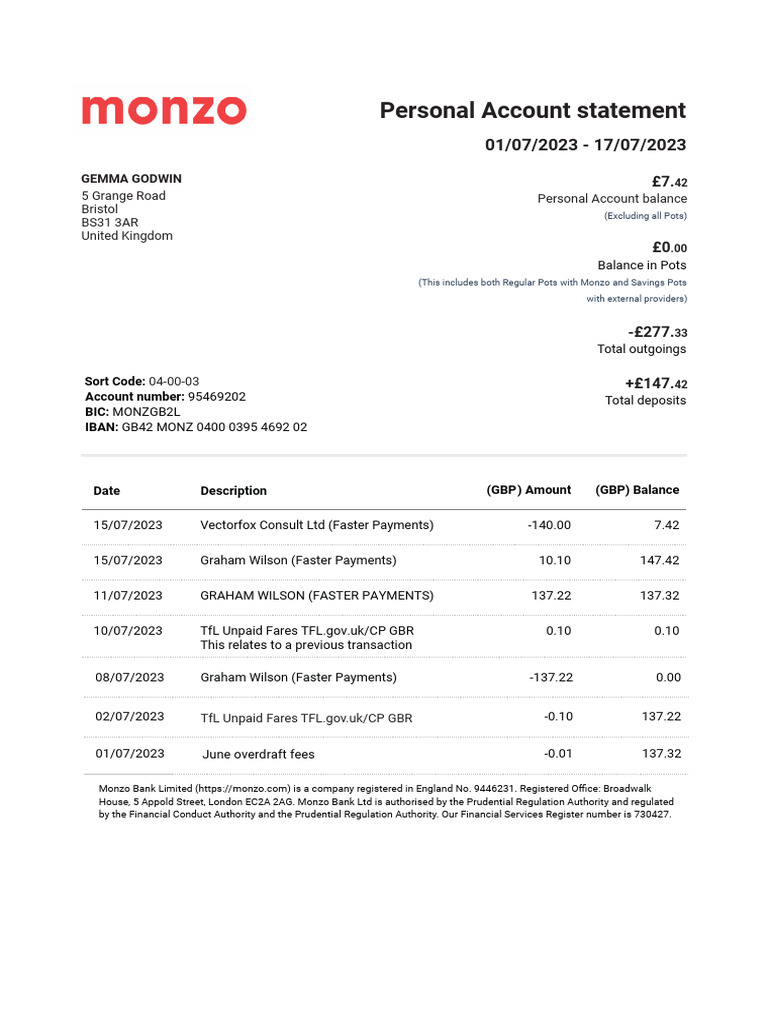 Monzo Personal Account Statement | PDF | Deposit Account | Banks