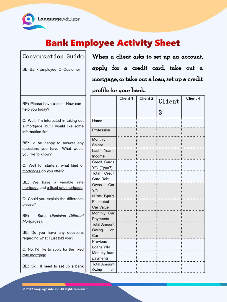 Bank Employee Activity Sheet | PDF | Mortgage Loan | Finance & Money ...