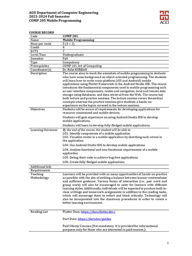 COMP 205 - Fall - 2023 - Syllabus | PDF | Mobile App | Computer Programming