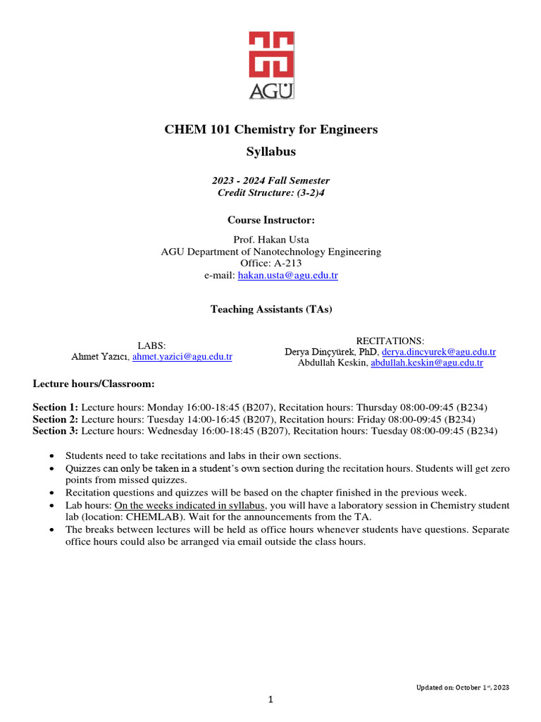 2023-2024 Fall Syllabus - CHEM 101 Chemistry For Engineers | PDF ...