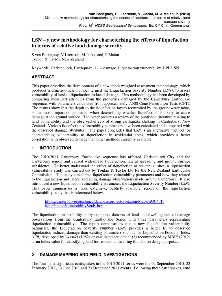LSN - A New Methodology For Characterising The Effects of Liquefaction in Terms of Relative Land ...