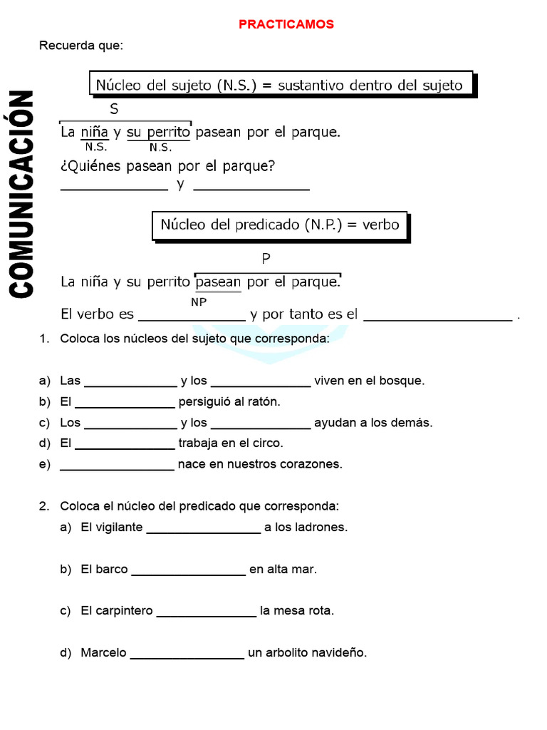 Ficha de Nucleo Del Sujeto y Predicado para Segundo de Primaria | PDF