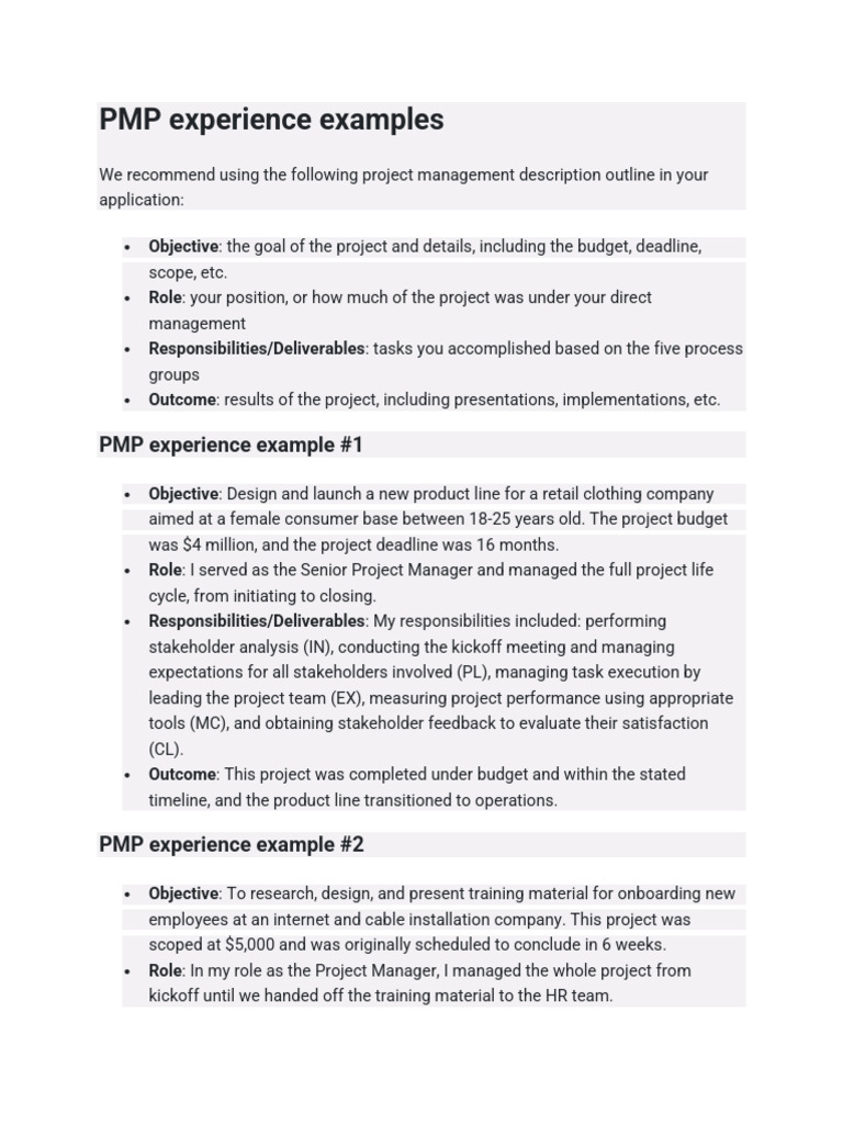 PMP Application Project Experience Examples | PDF | Project Management