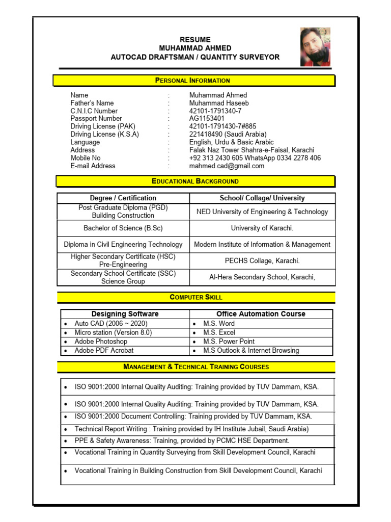AutoCAD Draftsman & Quantity Surveyor CV | PDF | Diploma