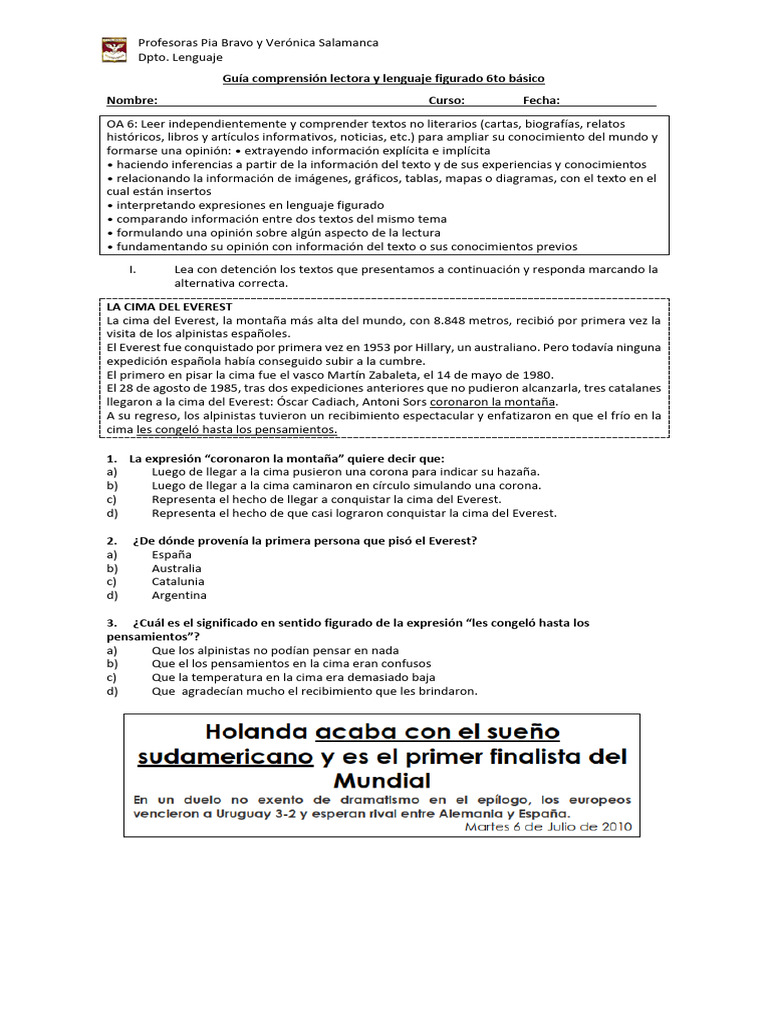 Guía Comprensión Lectora y Lenguaje Figurado 6to | PDF | el Monte ...