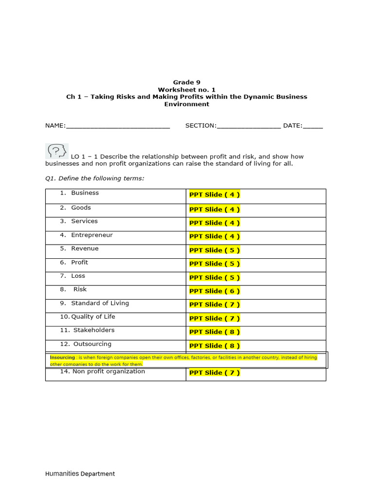 G9 - T1 - Worksheet 1 - Answer Key | PDF | Risk | Salary