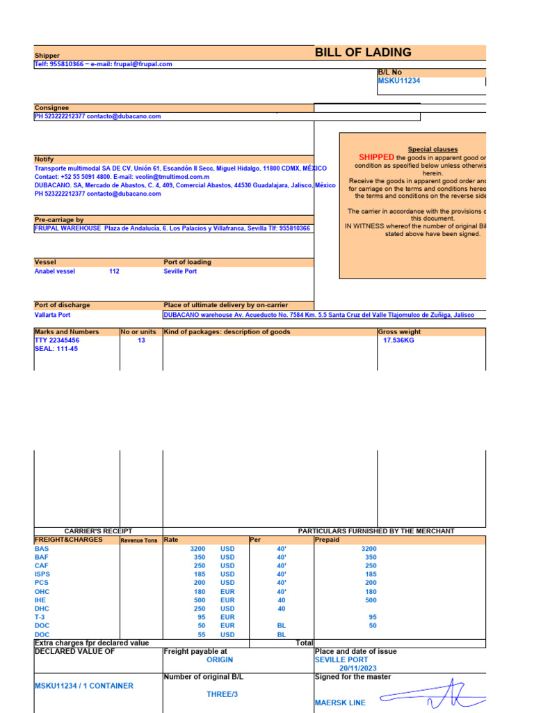 Bill of Lading: FRUPAL .SAT NIF.: V41197435 N-4, KM 564, 100, 41720 Los ...