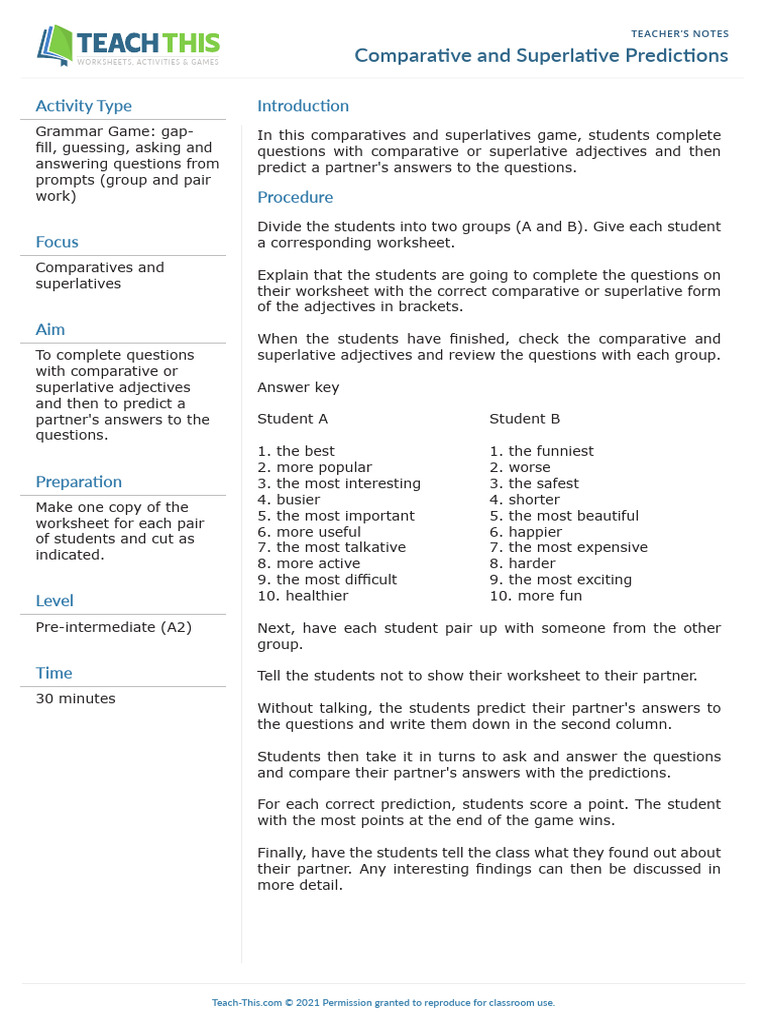 Comparative and Superlative Worksheet | PDF