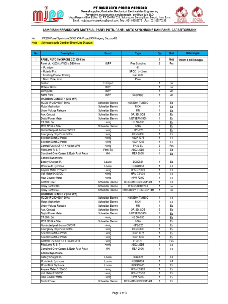 183 Lampiran Spek Panel TR | Download Free PDF | Switch | Fuse (Electrical)