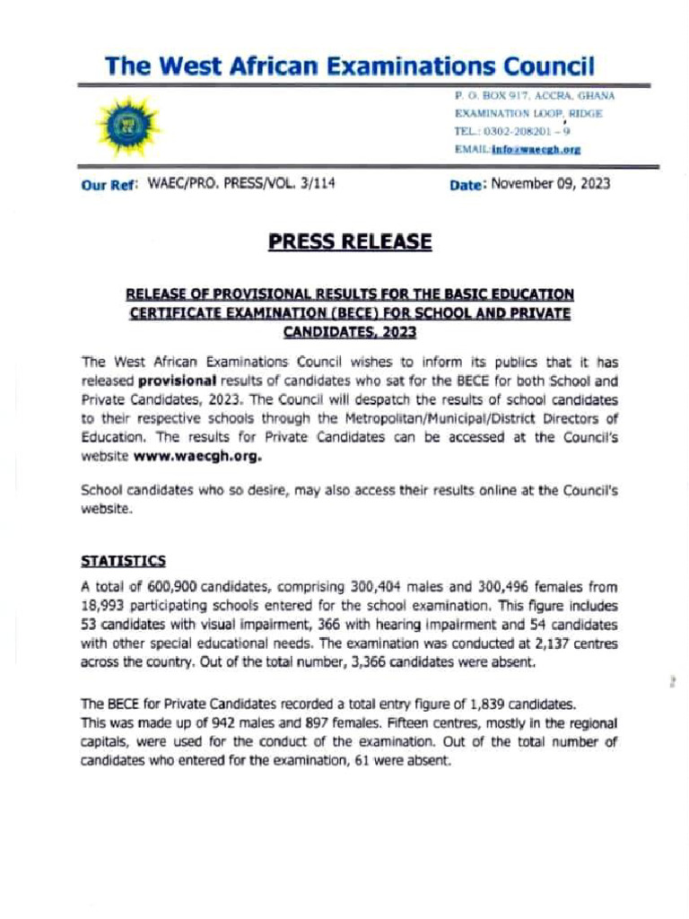 2023 BECE Results Released in Ghana | PDF | Business | Science ...