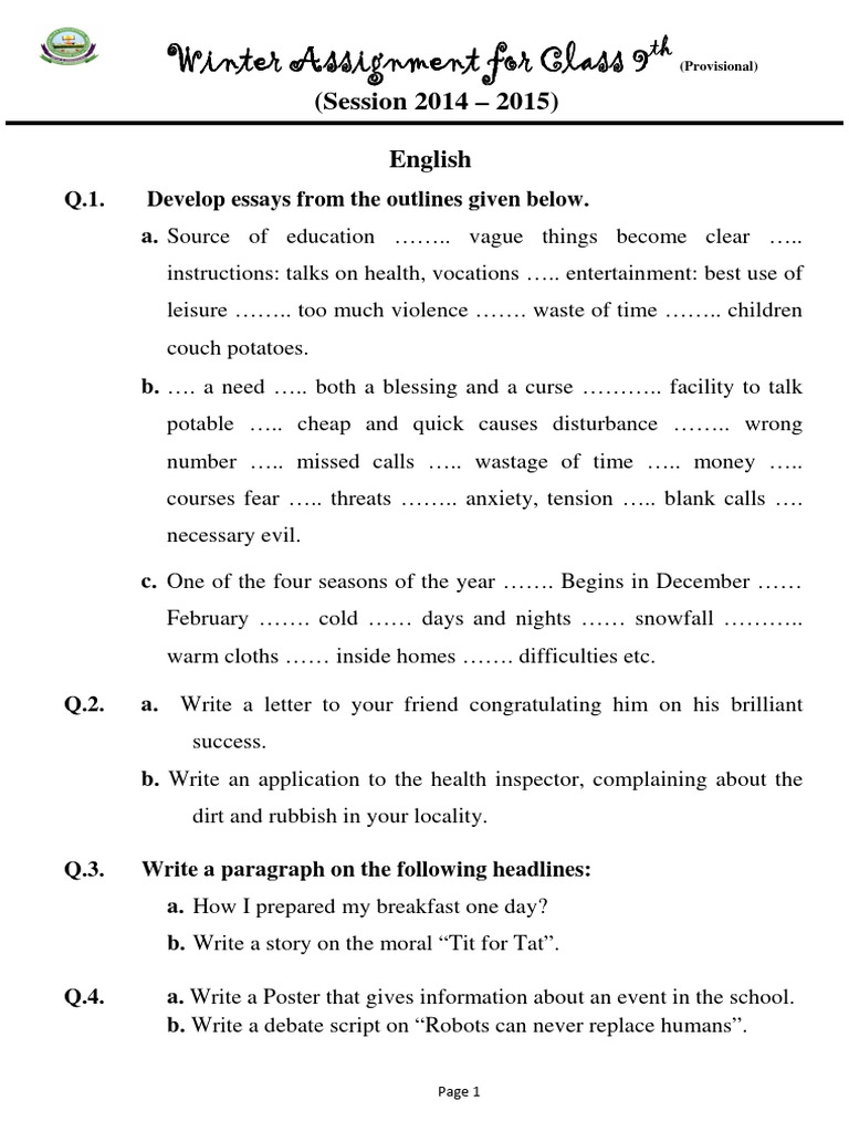 Winter Assignment For Class Winter Assignment For Class Winter Assignment For Class Winter ...