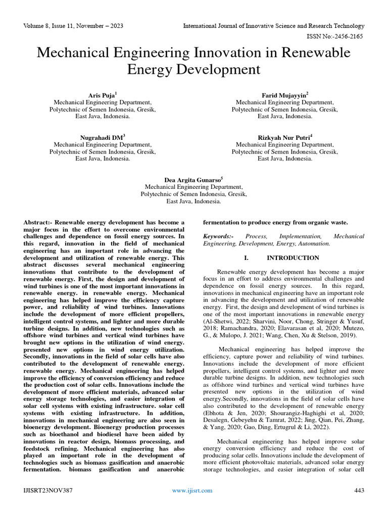 Mechanical Engineering in Renewable Energy | PDF | Renewable Energy ...
