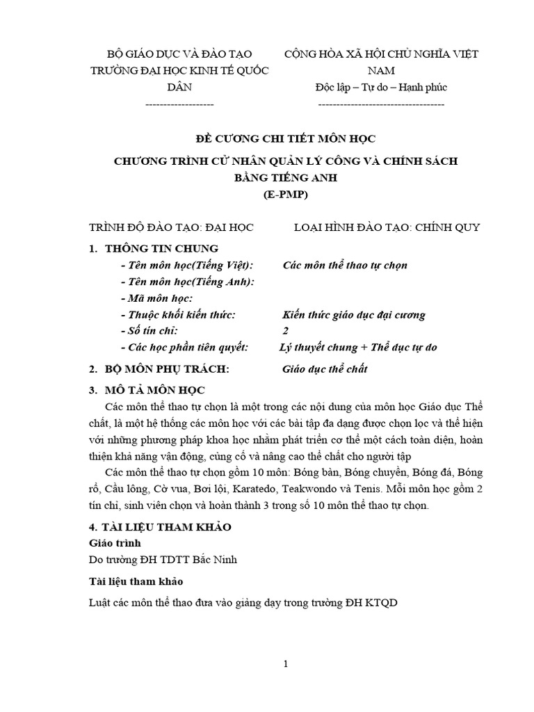 De Cuong Cac Mon The Thao Tu Chon | PDF