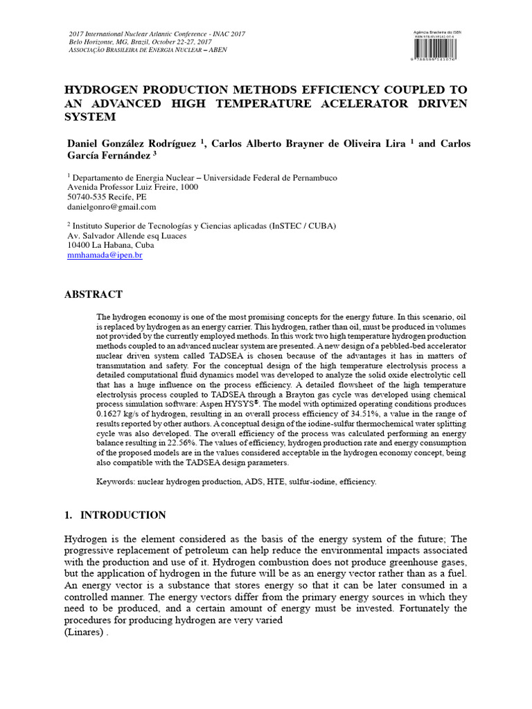 Hydrogen Production Methods Efficiency Coupled To An Advanced High Temperature Acelerator Driven ...