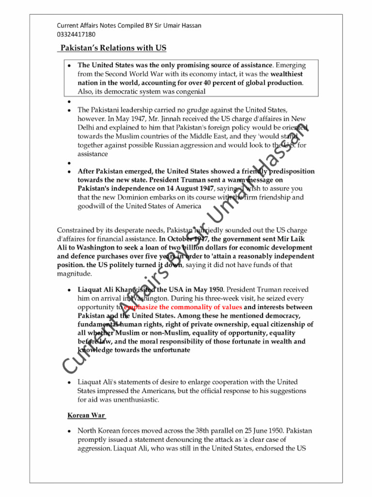 Pak Us Relations 1947-2020 Notes - 1 | PDF