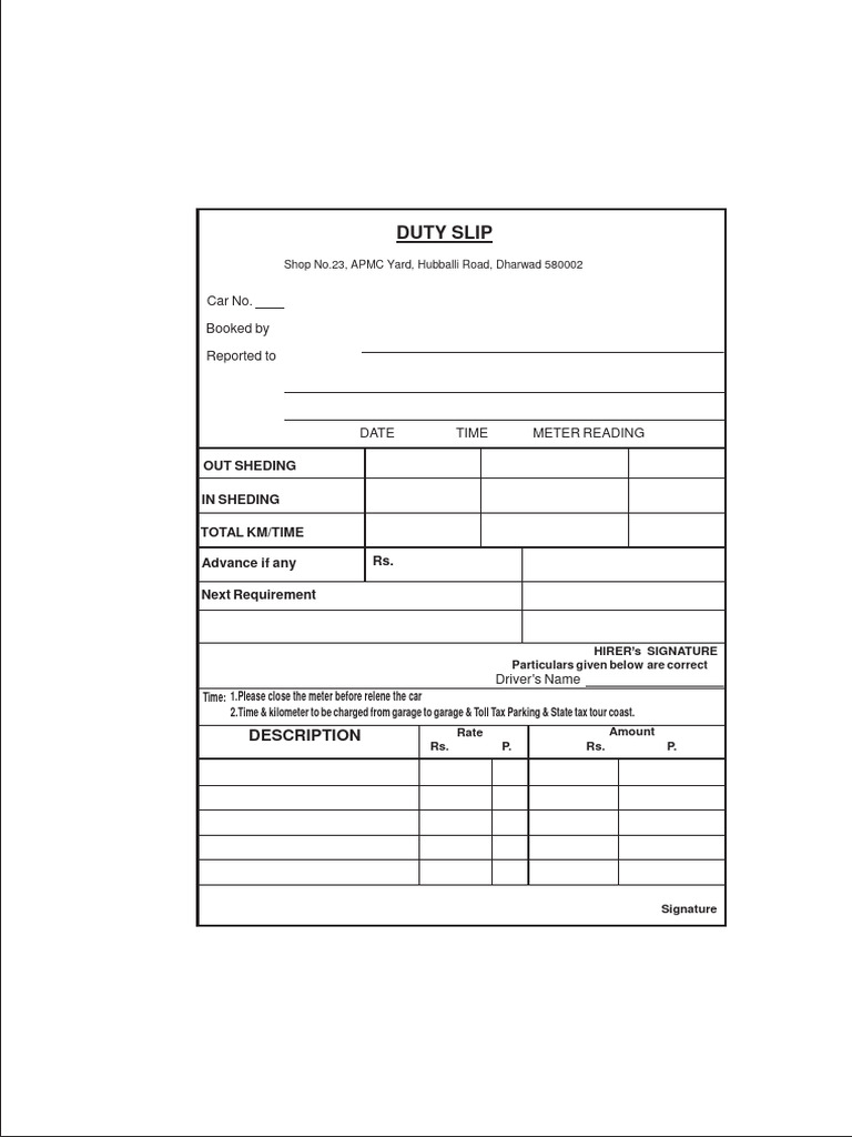 Taxi Duty Slip Format Template | PDF
