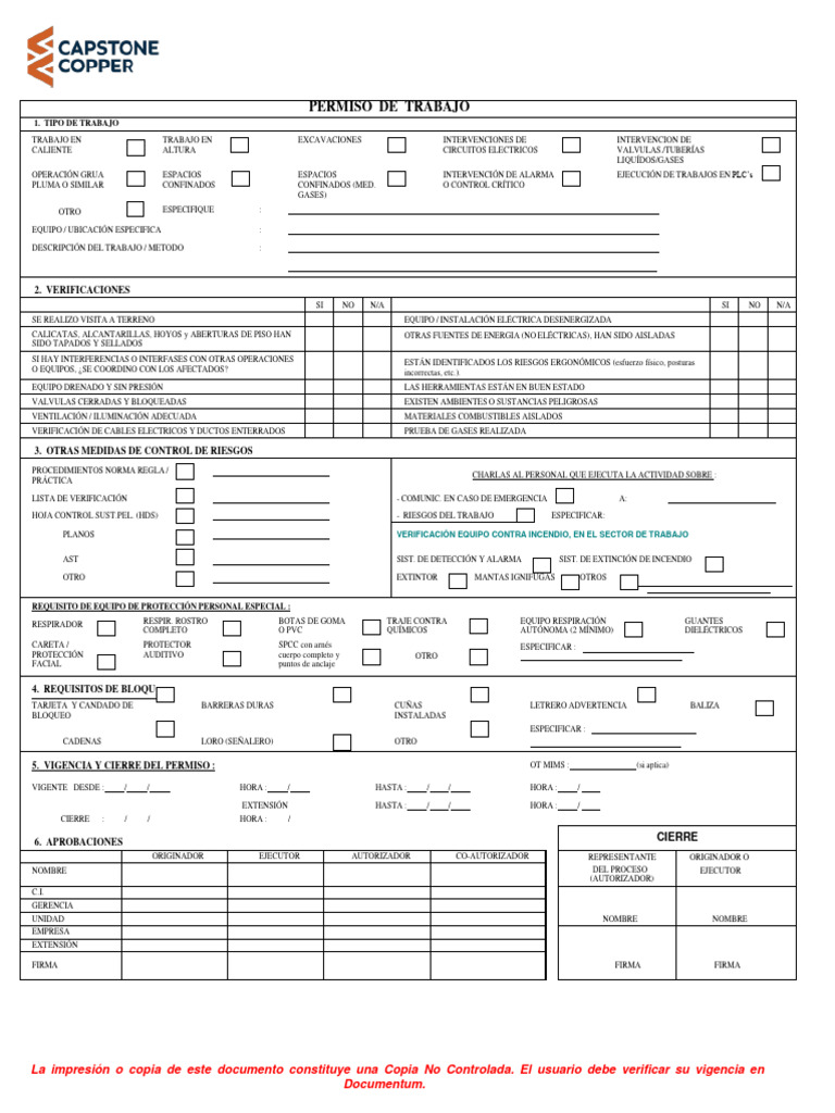 Formato Permiso Trabajo - Capstone Copper | PDF