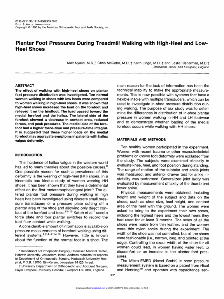 Heel Shoes: Plantar Foot Pressures During Treadmill Walking With High ...