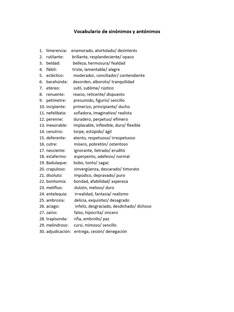 Vocabulario de Sinónimos y Antónimos 12° Tecer Trimstre | PDF