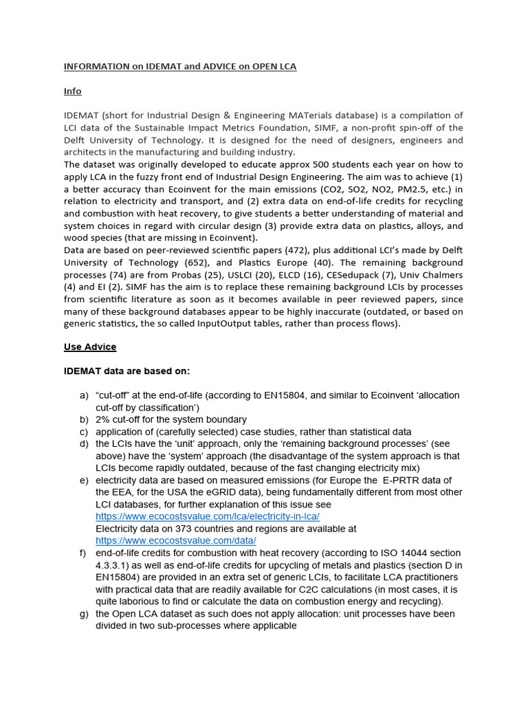Information On Idemat and Advice On Open LCA | PDF | Life Cycle ...
