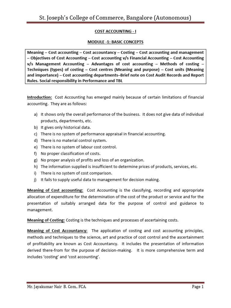 MOD 1 - Introduction On Cost Accounting | PDF | Cost Accounting | Cost