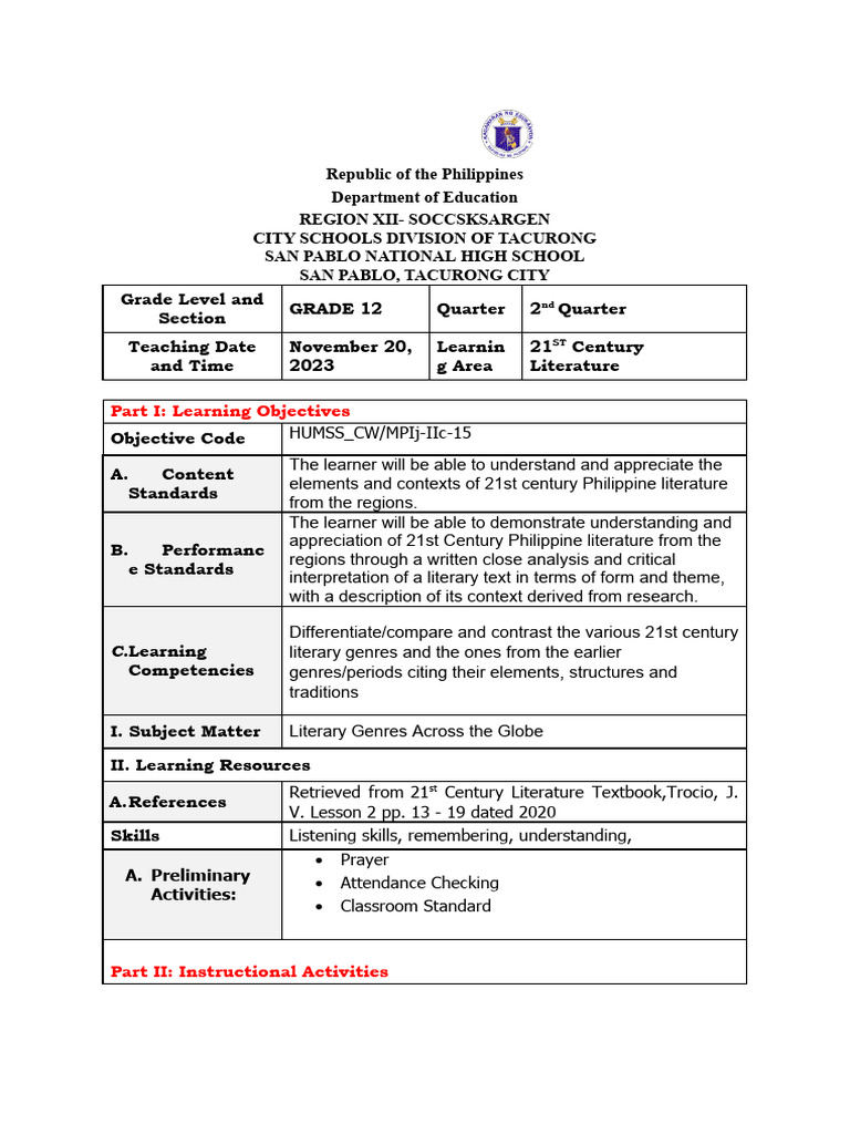 Lesson Plan About 21st Century Literature q2m2 | PDF | Genre | Novels