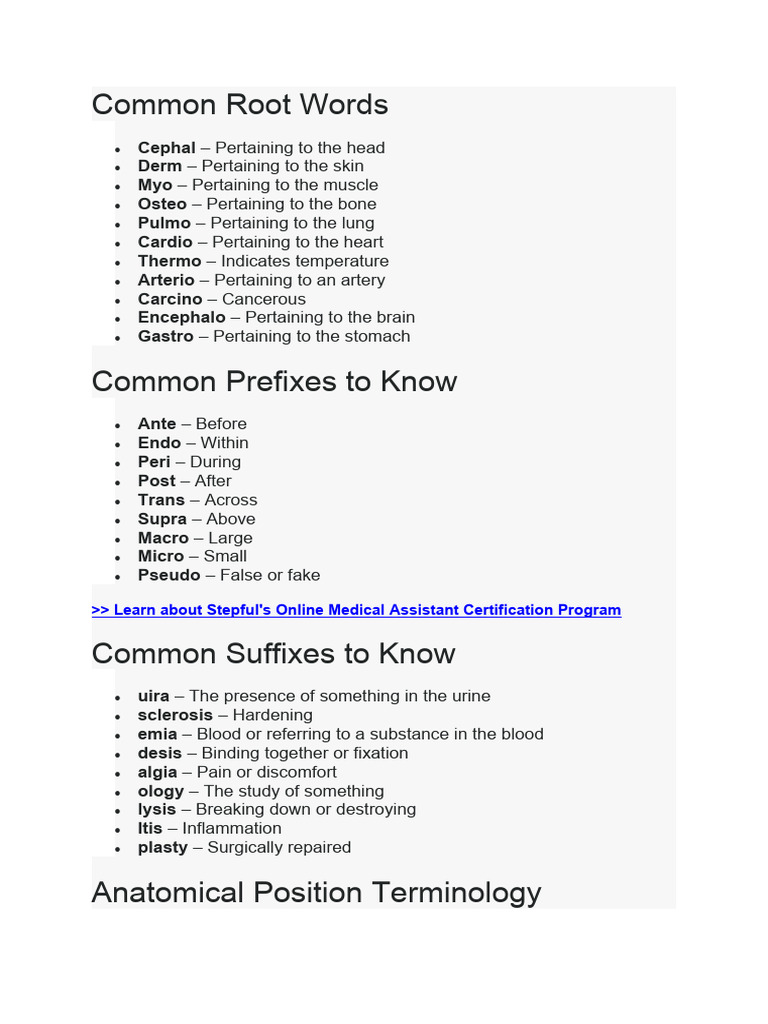 Medical Assistant Terminology Guide | PDF | Anatomical Terms Of ...