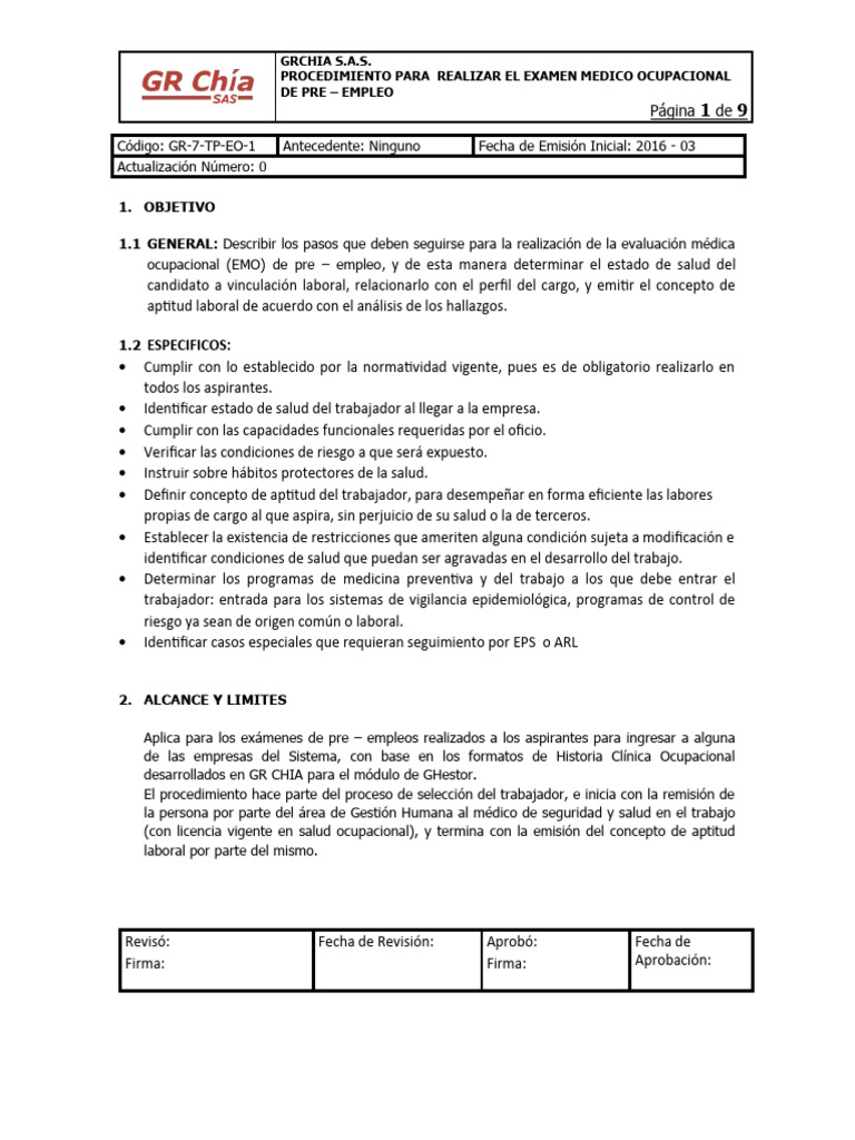 Procedimiento Emo Pre Empleo | PDF | Historial médico | Seguridad y ...