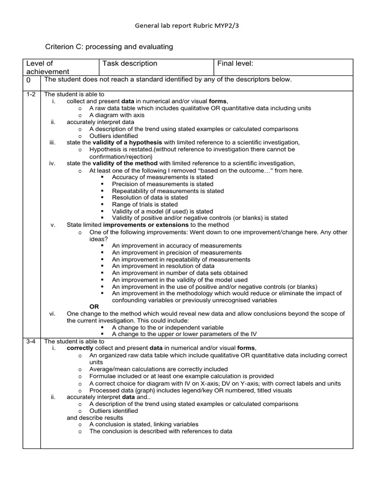 General MYP2-3 Reporting Rubric C | PDF | Accuracy And Precision ...