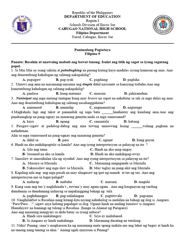 Diagnostic Test FILIPINO 2022 2023 | PDF