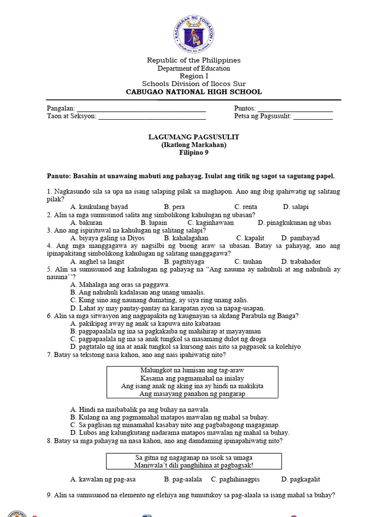 Lagumang Pagsusulit 3RD FILIPINO 9 | PDF