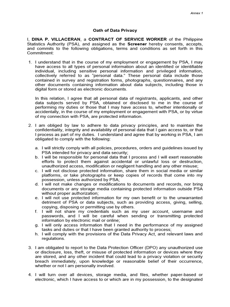 Oath of Data Privacy Form-DINAVILLACERAN | PDF | Privacy | Information