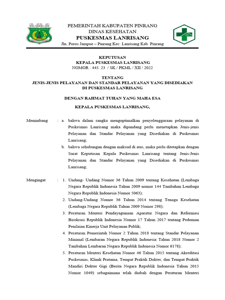 SK Jenis-Jenis Pelayanan Dan Standar Pelayanan PKML | PDF