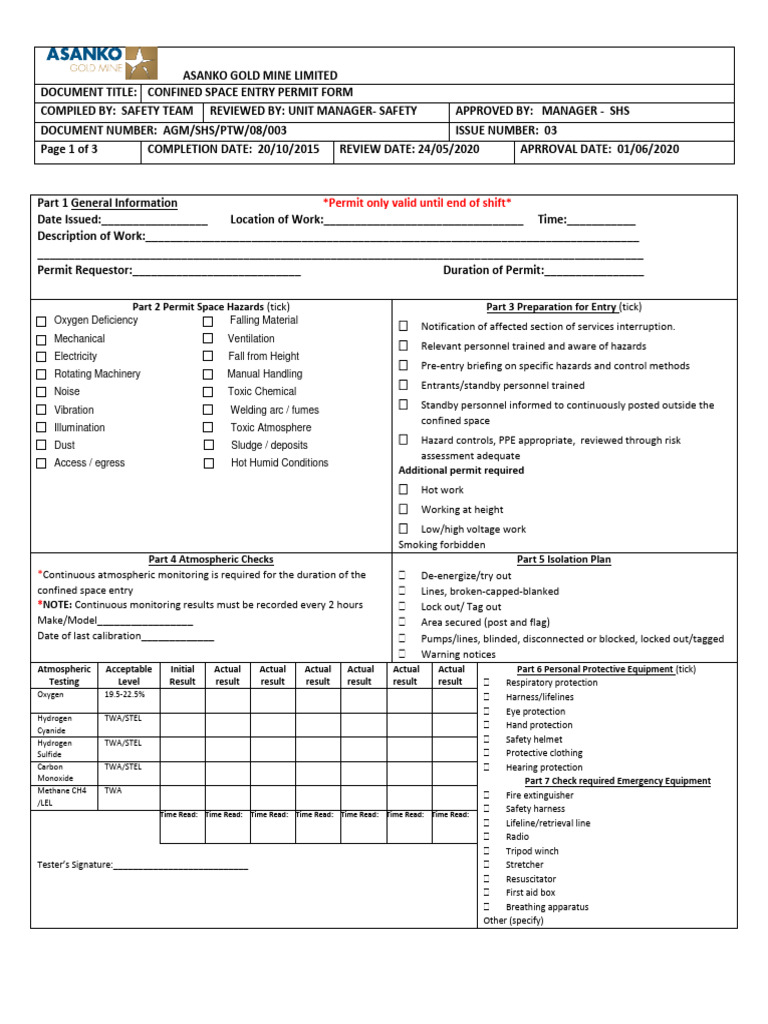 CONFINED SPACE PERMIT FORM | PDF | Labor Relations | Workplace