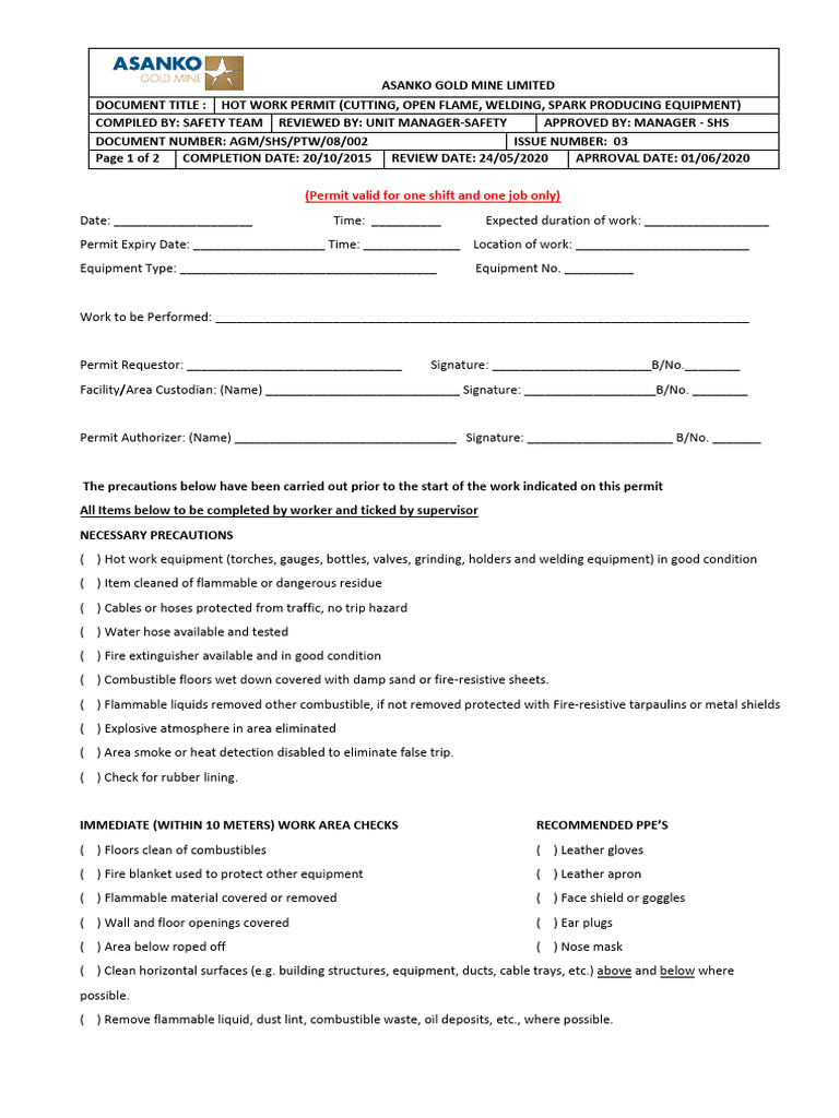 Hot Work Permit Form | PDF | Fires | Welding
