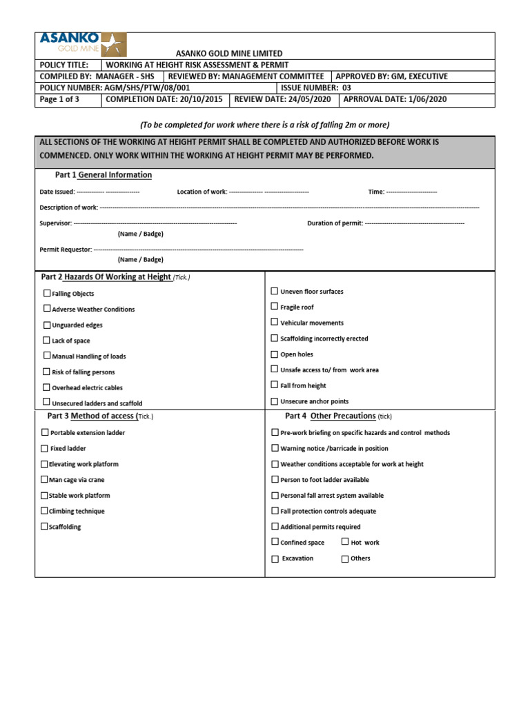 Work at Height Permit Form | PDF | Scaffolding | Forklift