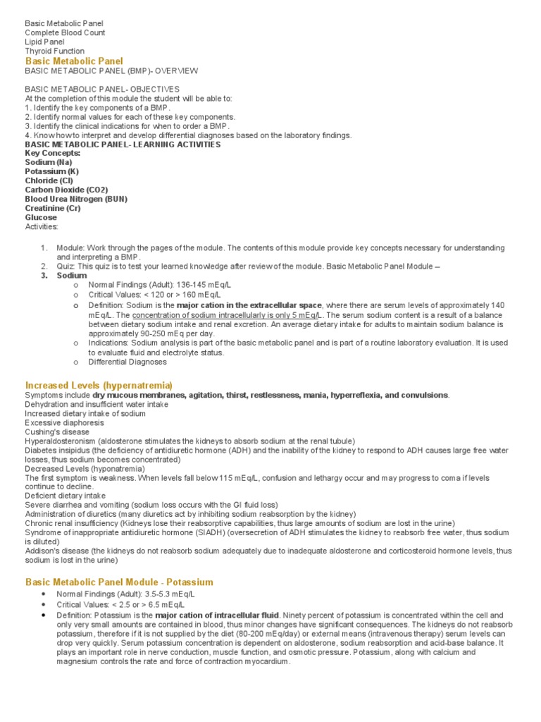 Basic Metabolic Panel Overview and Values | PDF | Anemia | White Blood Cell