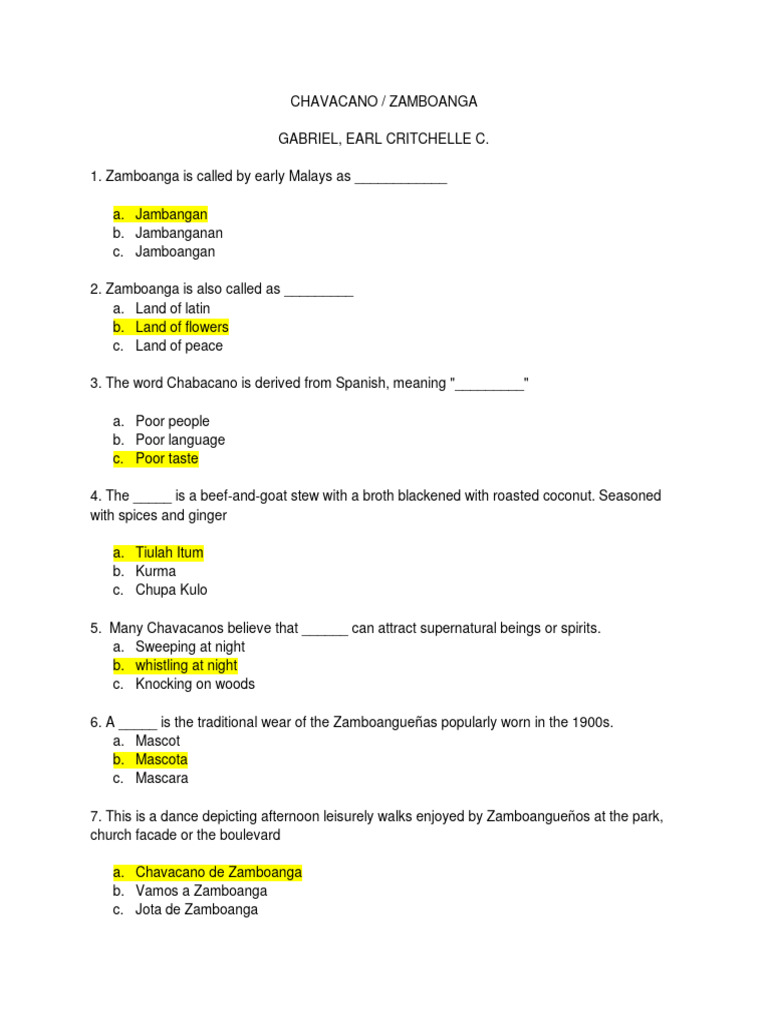 Chavacano - Quiz - Eng 4B 1 | PDF