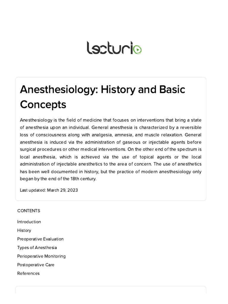 Anesthesiology - History and Basic Concepts - Lecturio | PDF ...