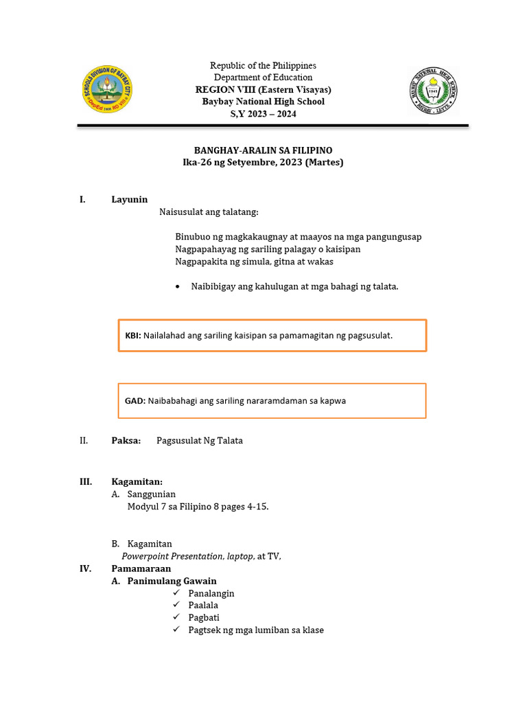 Lesson-Plan-Sep.-26-Bahagi ng Talata | PDF